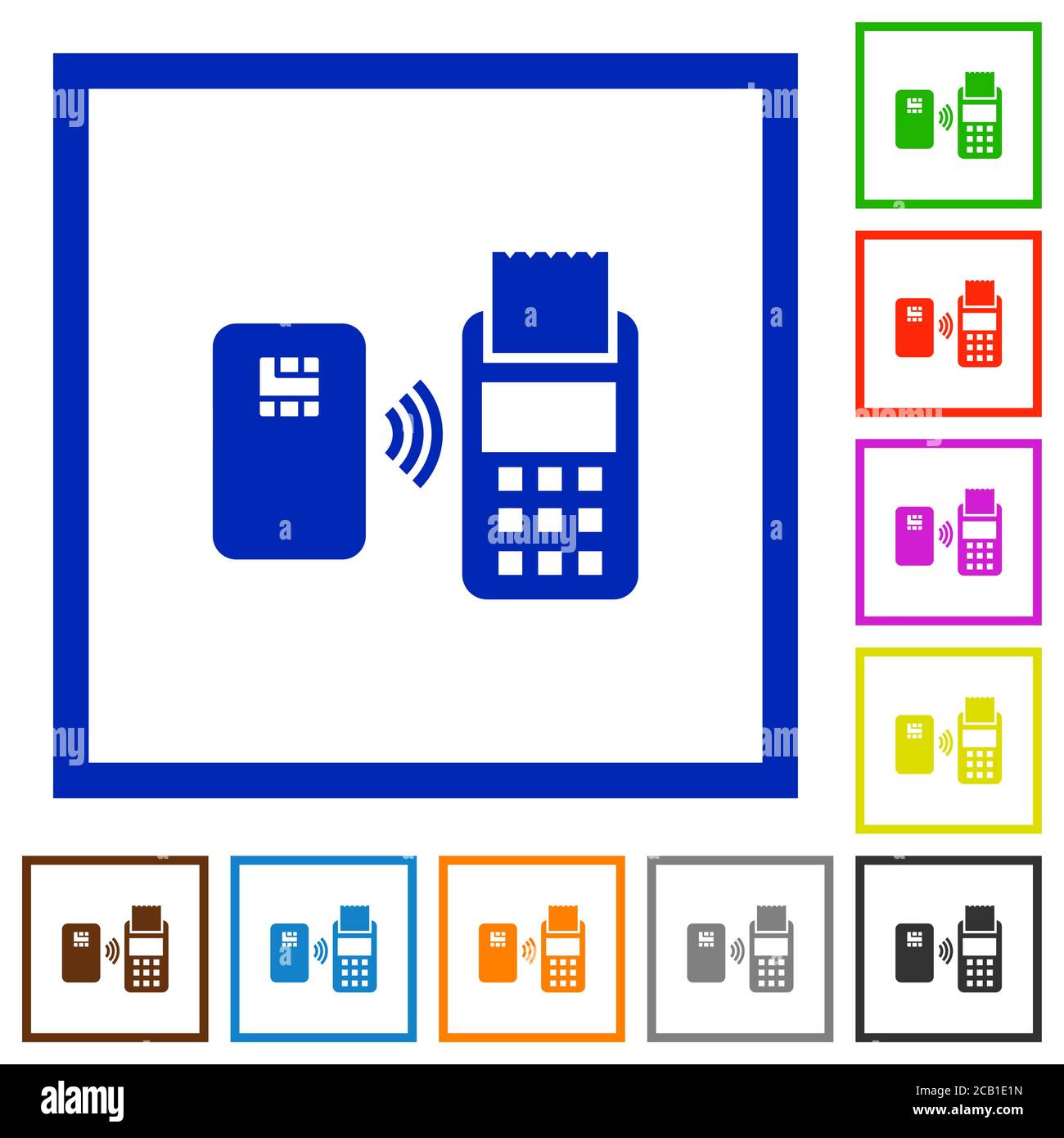 Contactless payment flat color icons in square frames on white ...