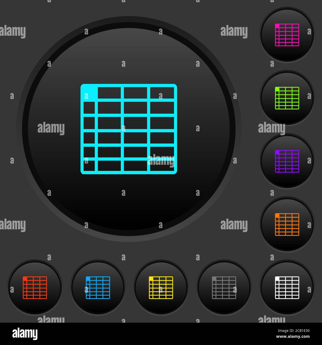 Spreadsheet table dark push buttons with vivid color icons on dark grey ...