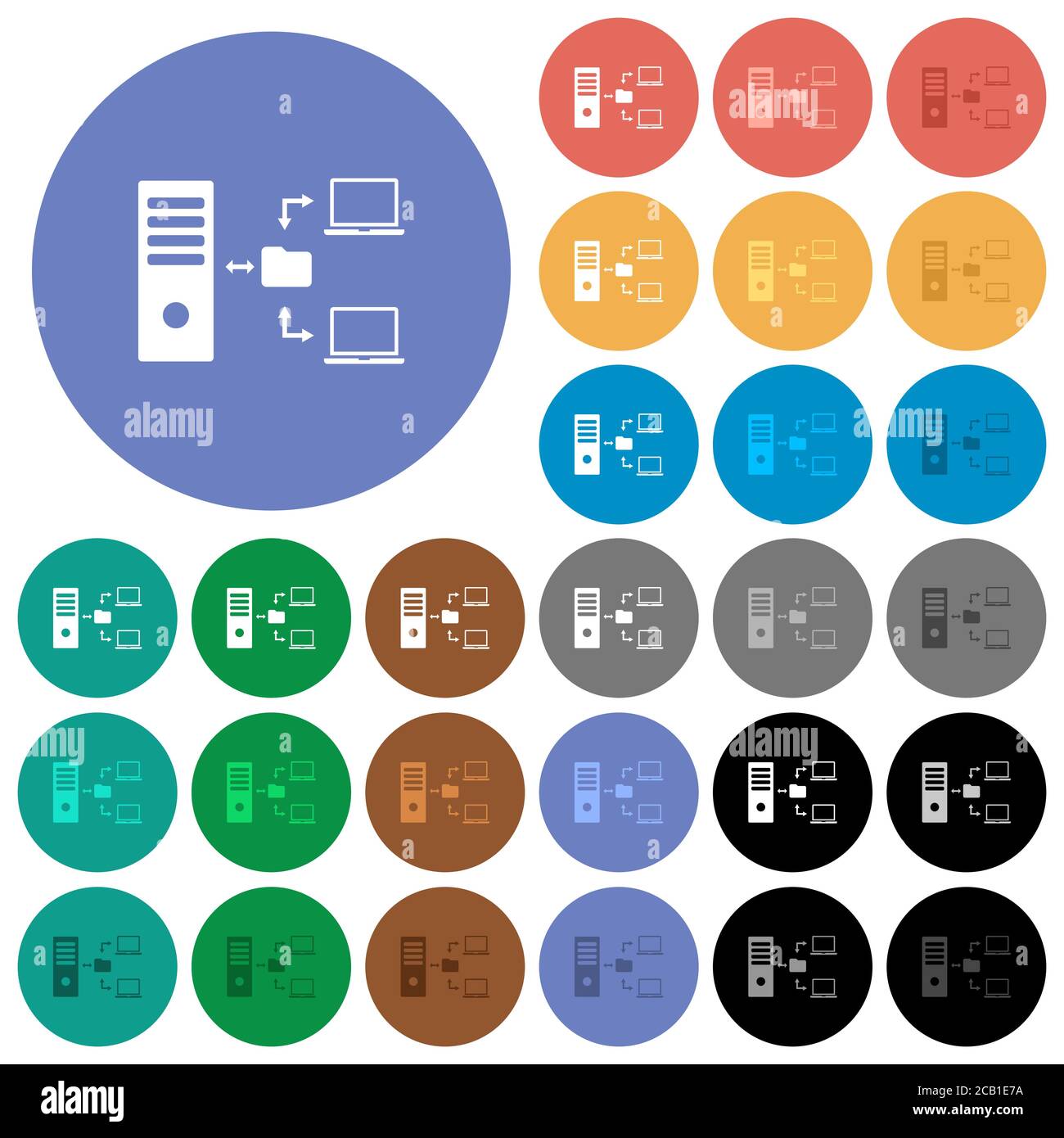 Network file system with server multi colored flat icons on round ...