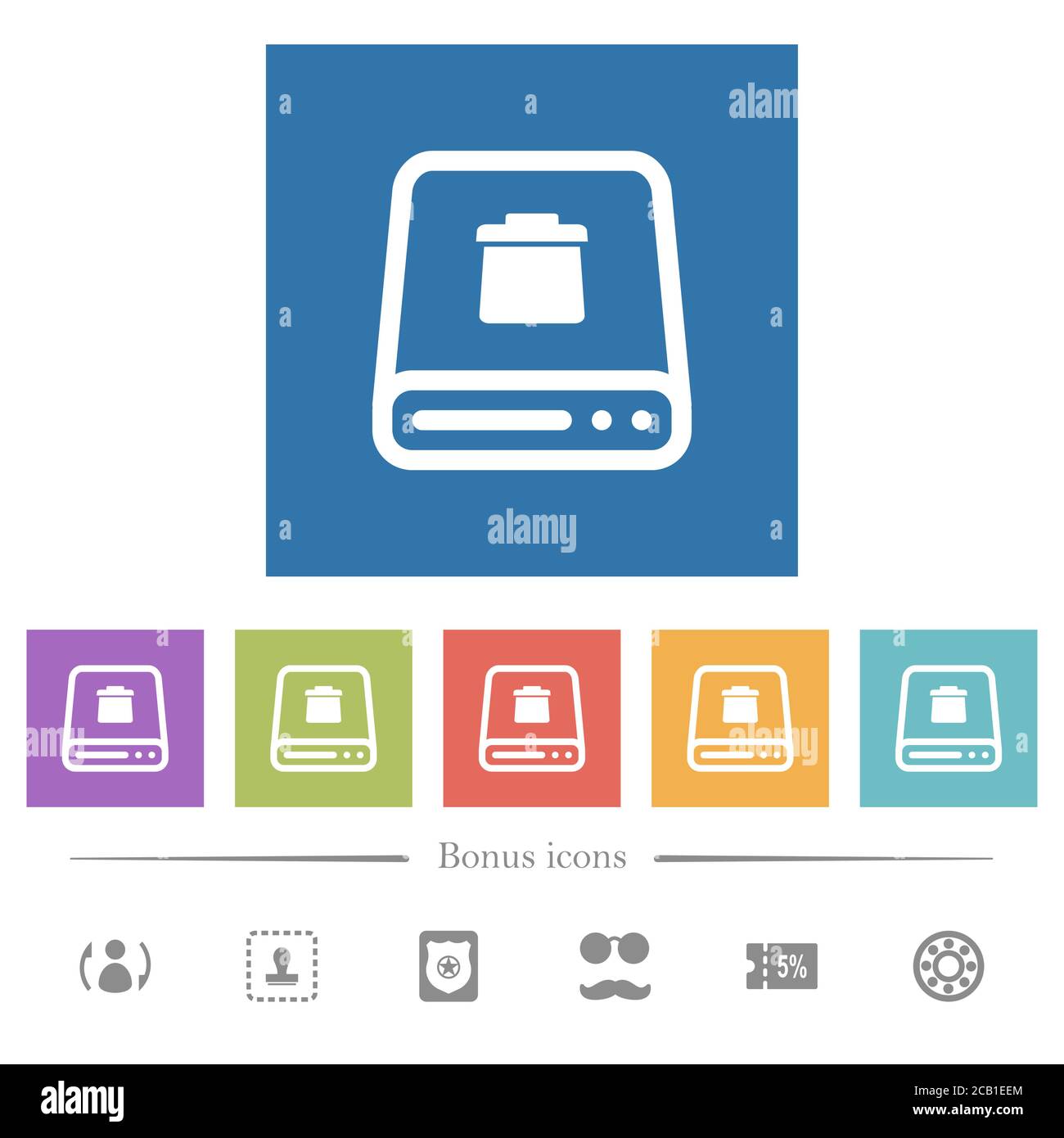 Delete from hard disk flat white icons in square backgrounds. 6 bonus ...