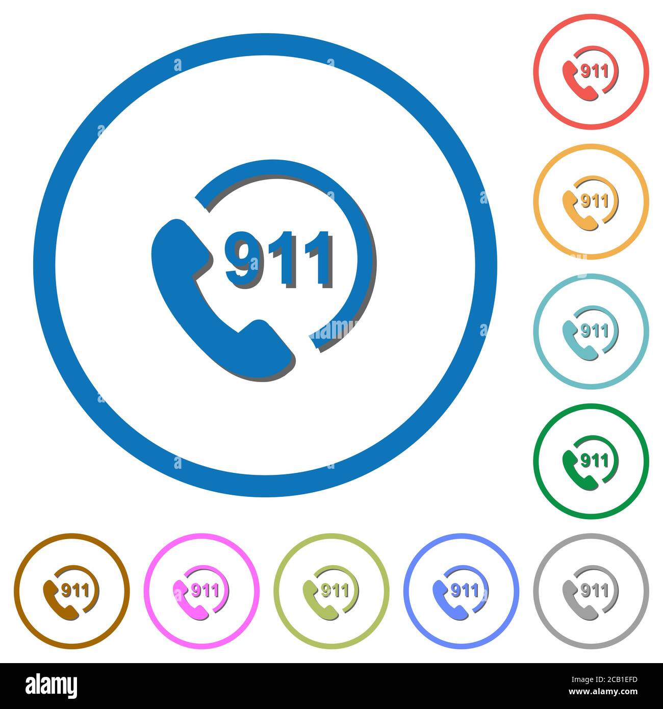 Emergency call 911 flat color vector icons with shadows in round outlines on white background ...