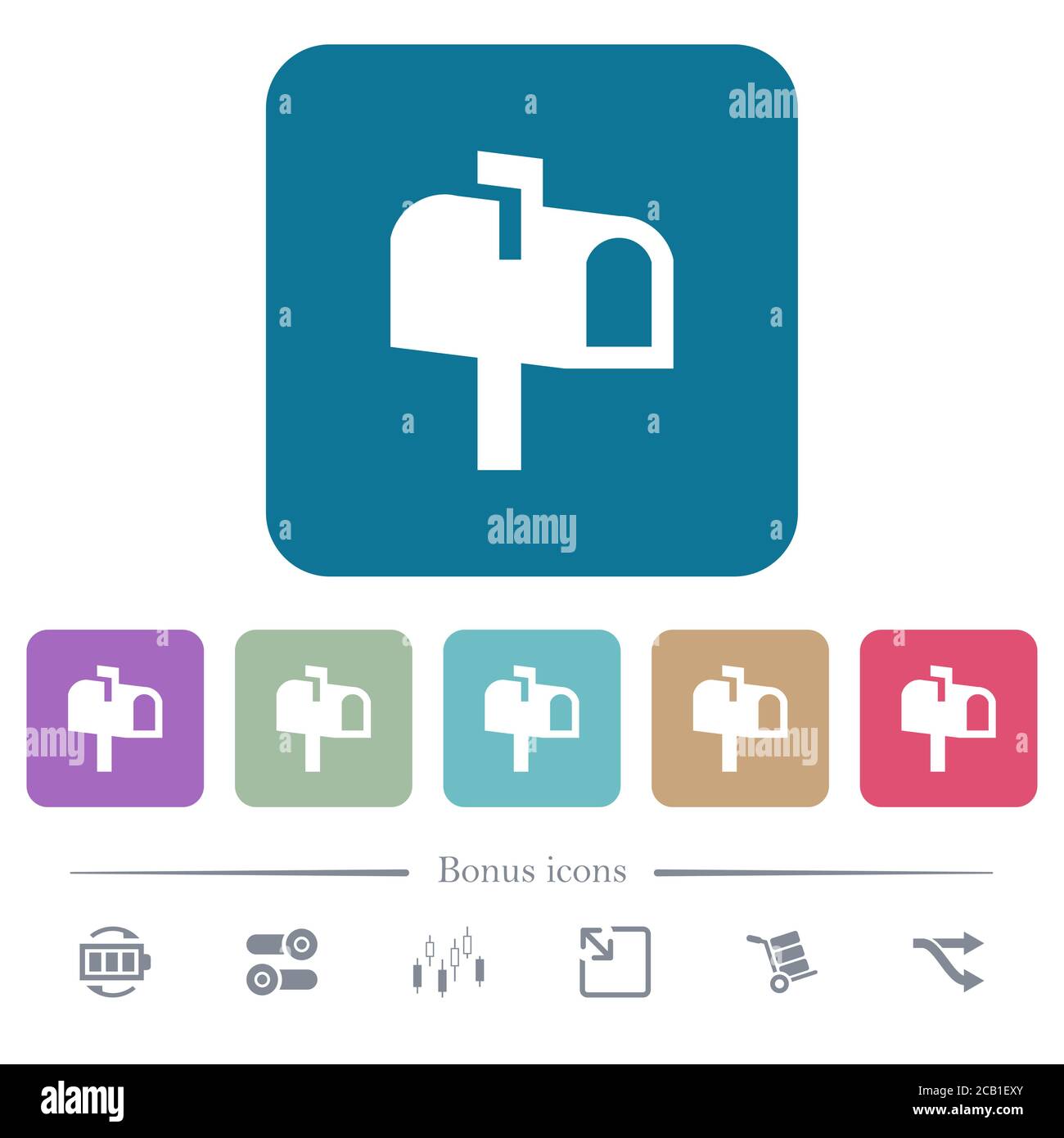 Mailbox white flat icons on color rounded square backgrounds. 6 bonus ...