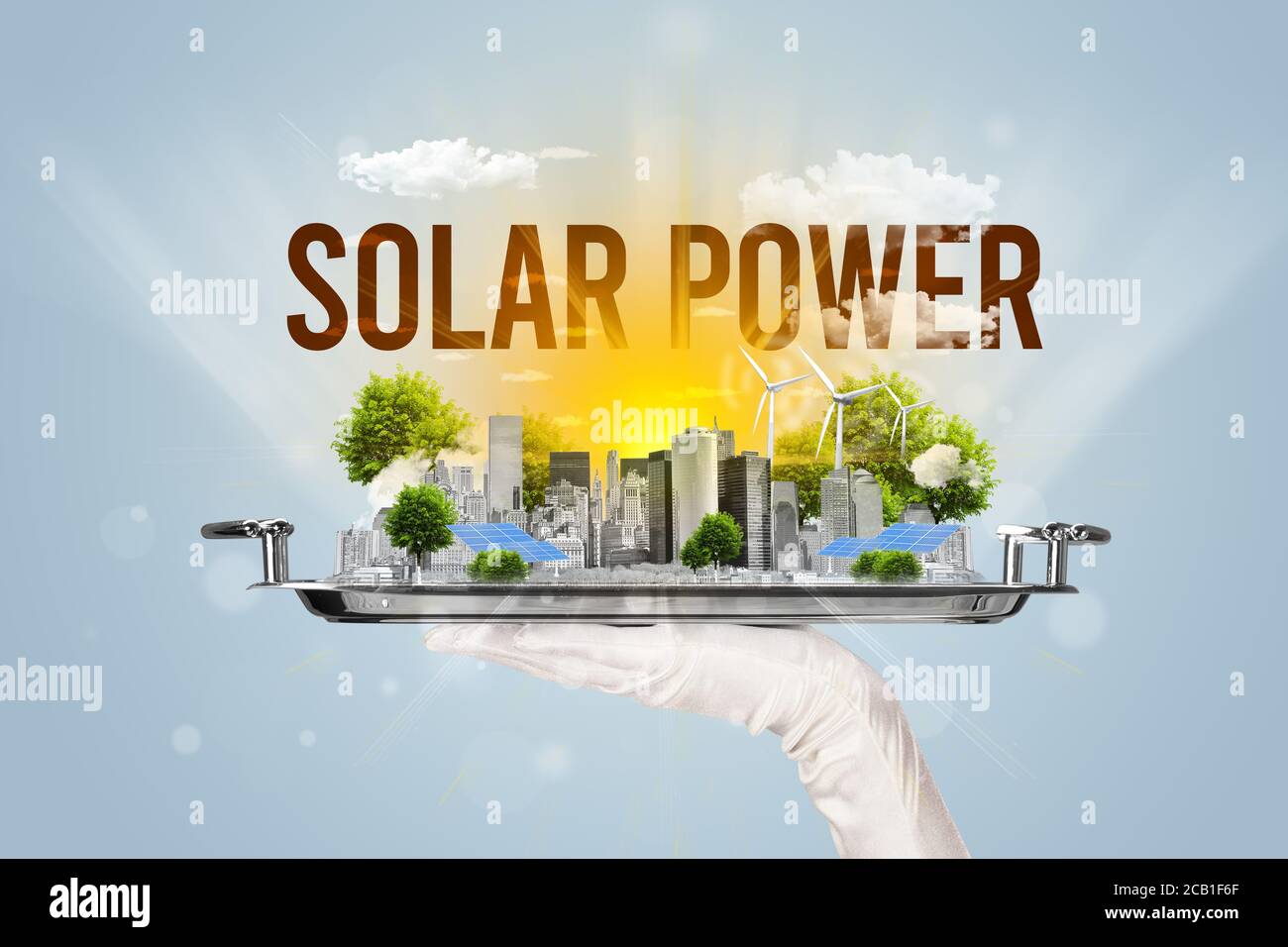 Waiter serving eco city with SOLAR POWER inscription, renewabke energy ...