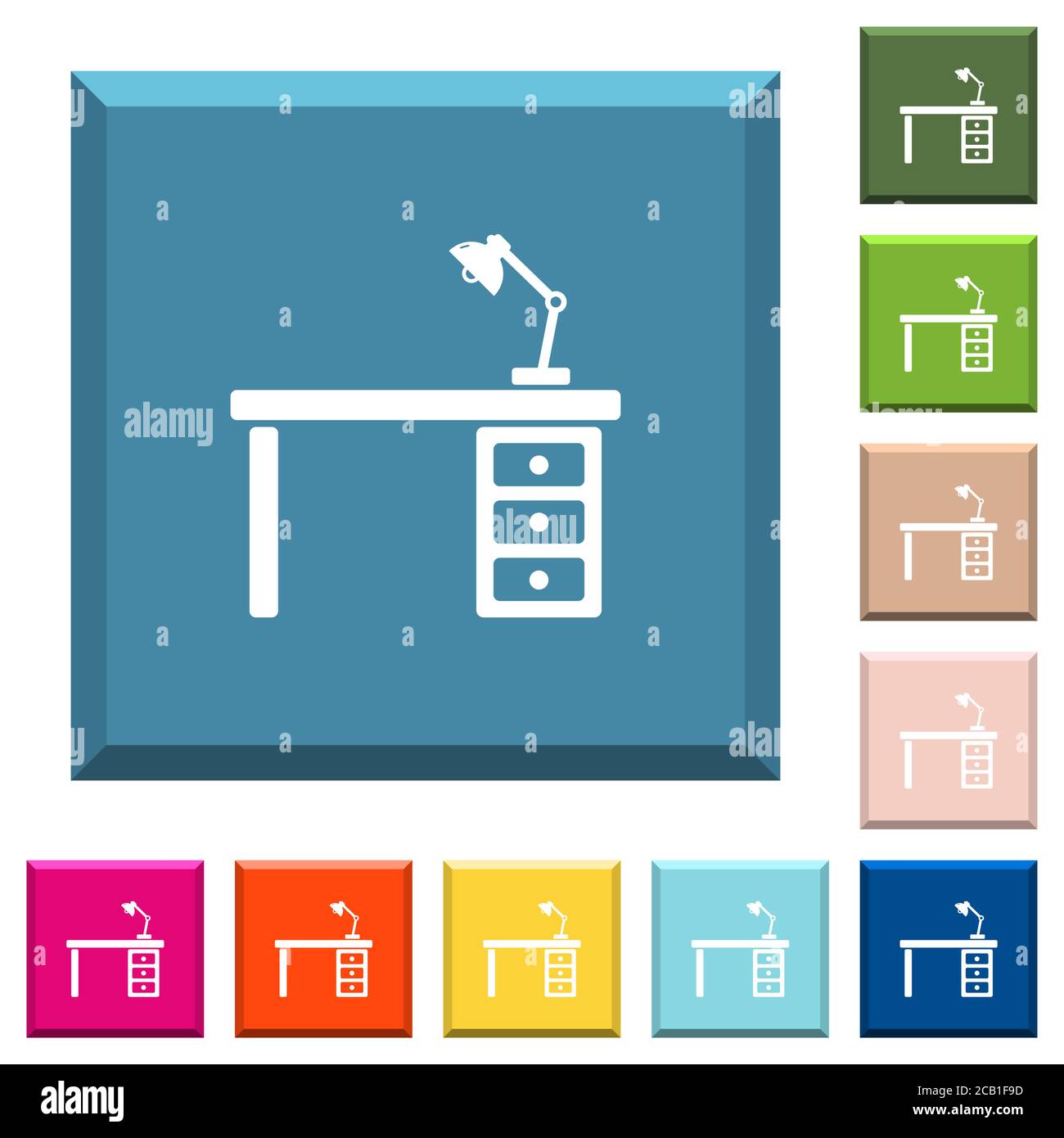 Desk with lamp white icons on edged square buttons in various trendy ...