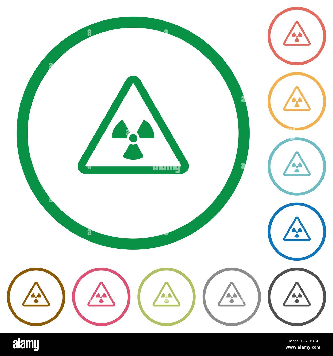 Nuclear warning flat color icons in round outlines on white background ...