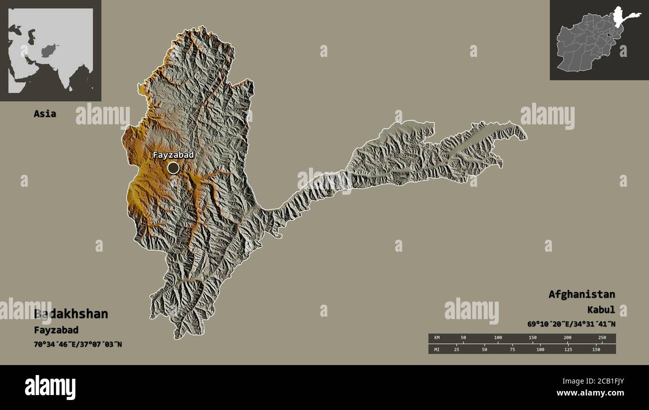 Shape of Badakhshan, province of Afghanistan, and its capital. Distance ...