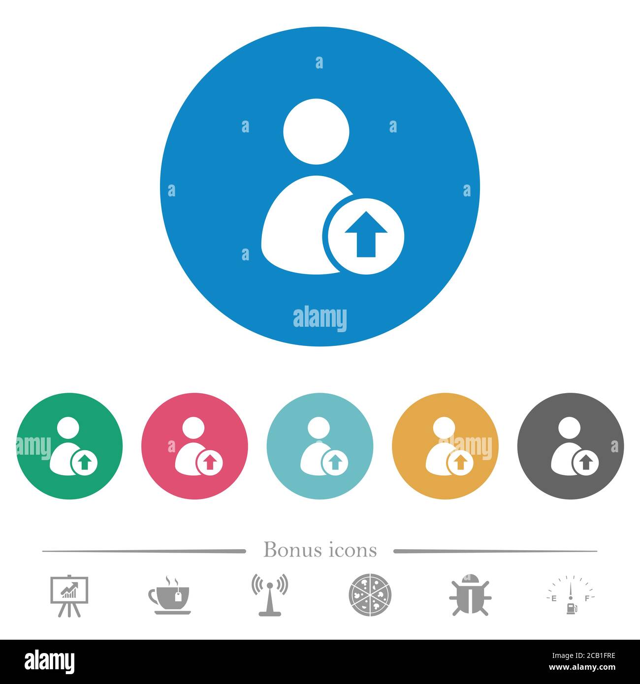 Move up user flat white icons on round color backgrounds. 6 bonus icons ...
