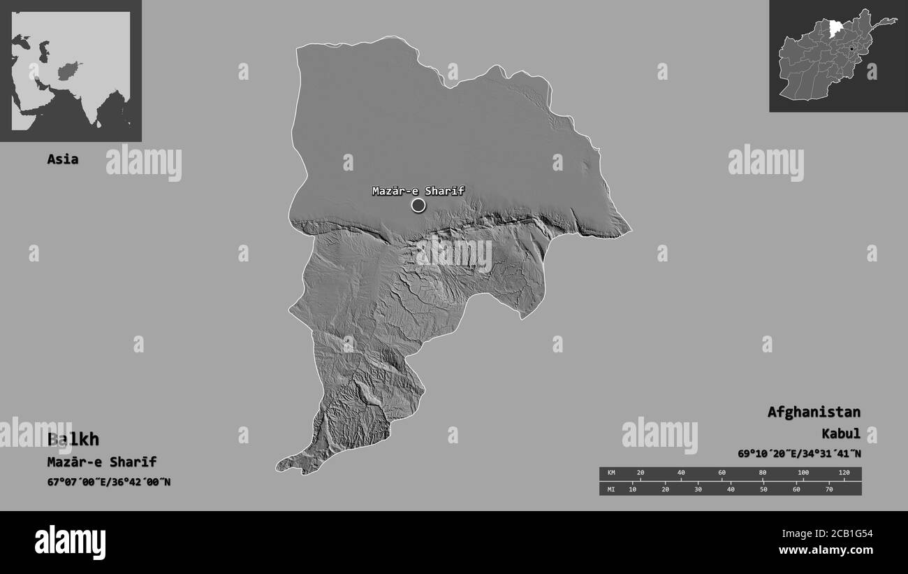 Shape of Balkh, province of Afghanistan, and its capital. Distance ...