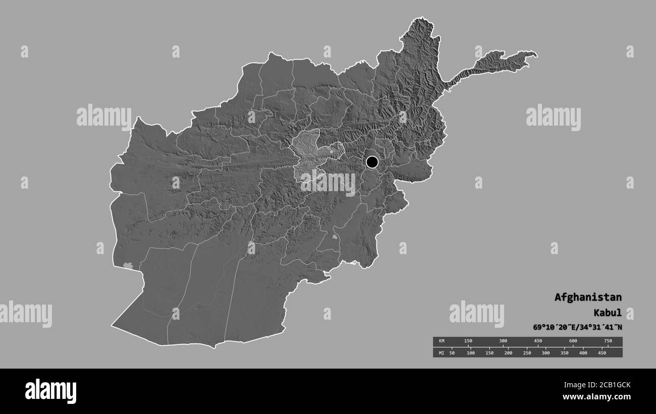 Desaturated shape of Afghanistan with its capital, main regional ...