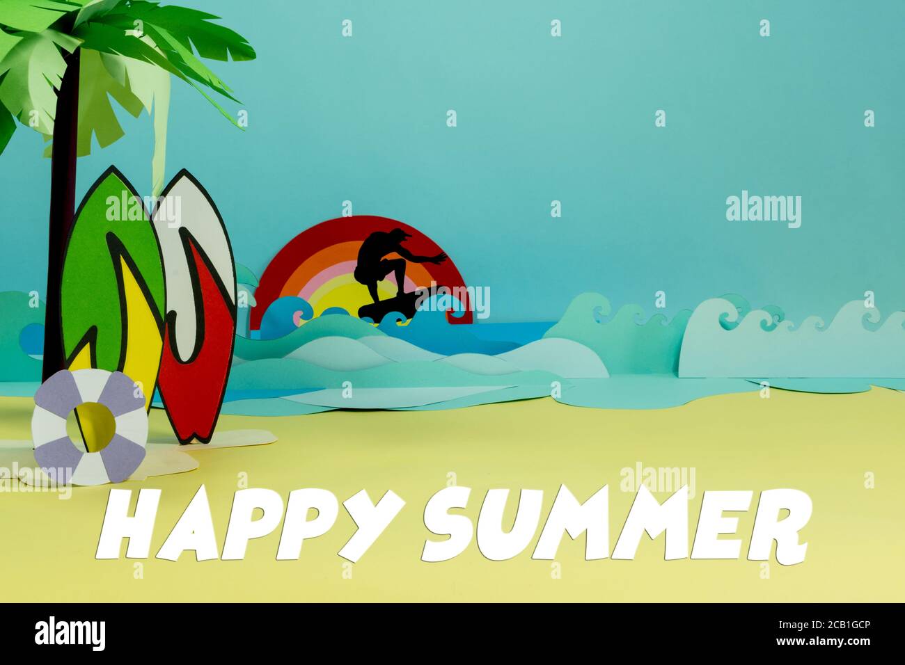 Beach view on creative papercraft with "HAPPY SUMMER" text Stock Photo ...