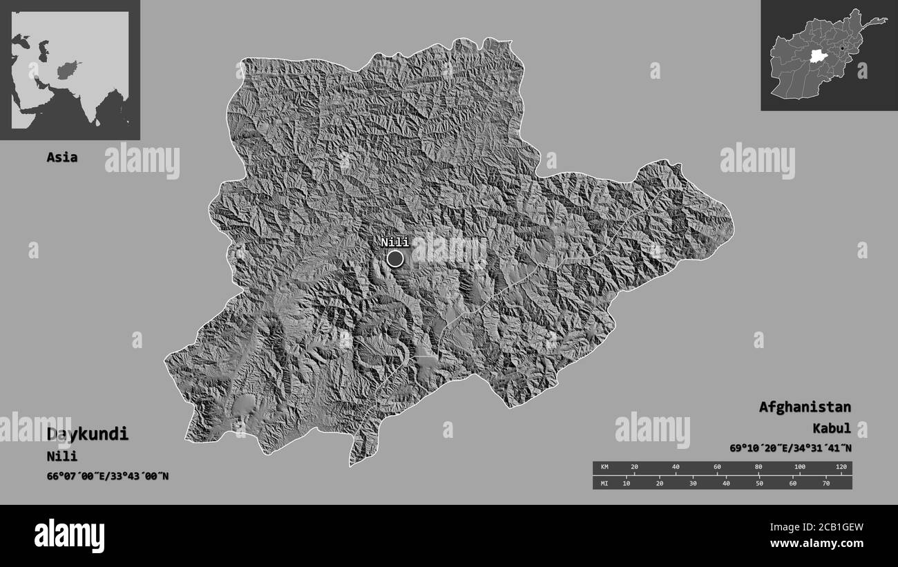 Shape of Daykundi, province of Afghanistan, and its capital. Distance ...