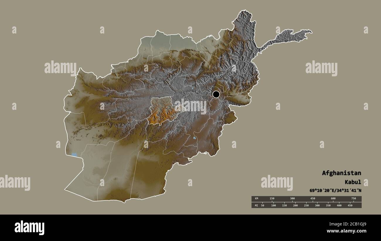 Desaturated shape of Afghanistan with its capital, main regional ...