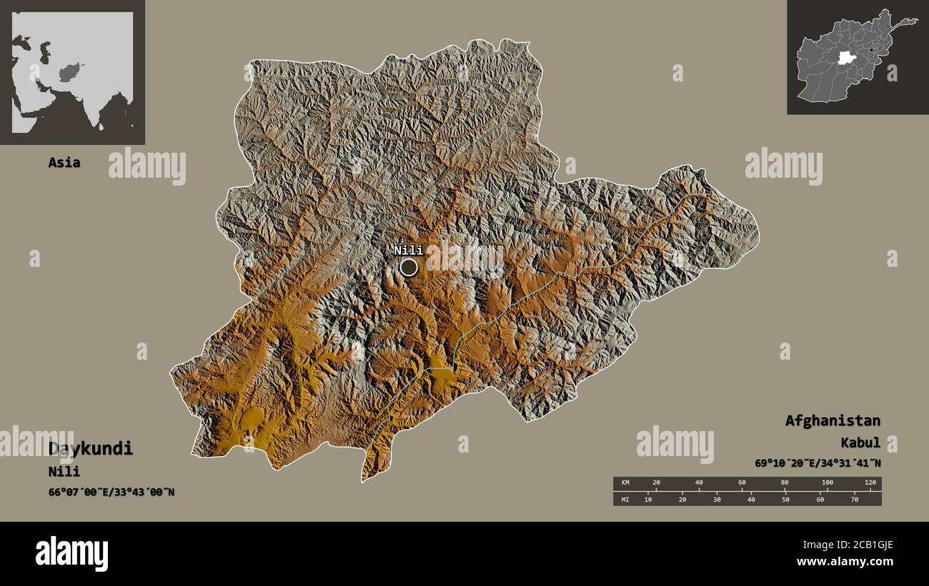 Shape of Daykundi, province of Afghanistan, and its capital. Distance ...