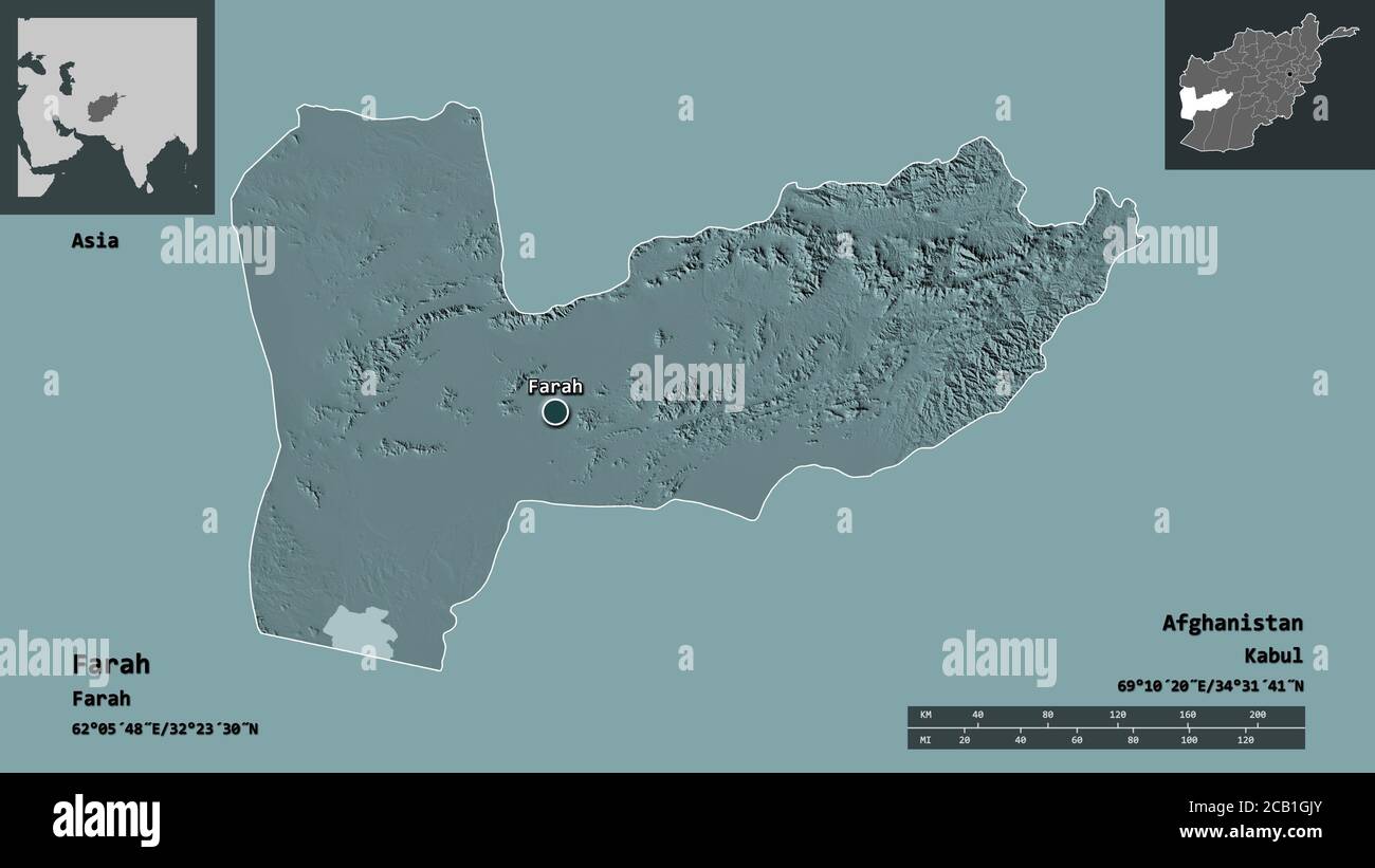 Shape of Farah, province of Afghanistan, and its capital. Distance ...