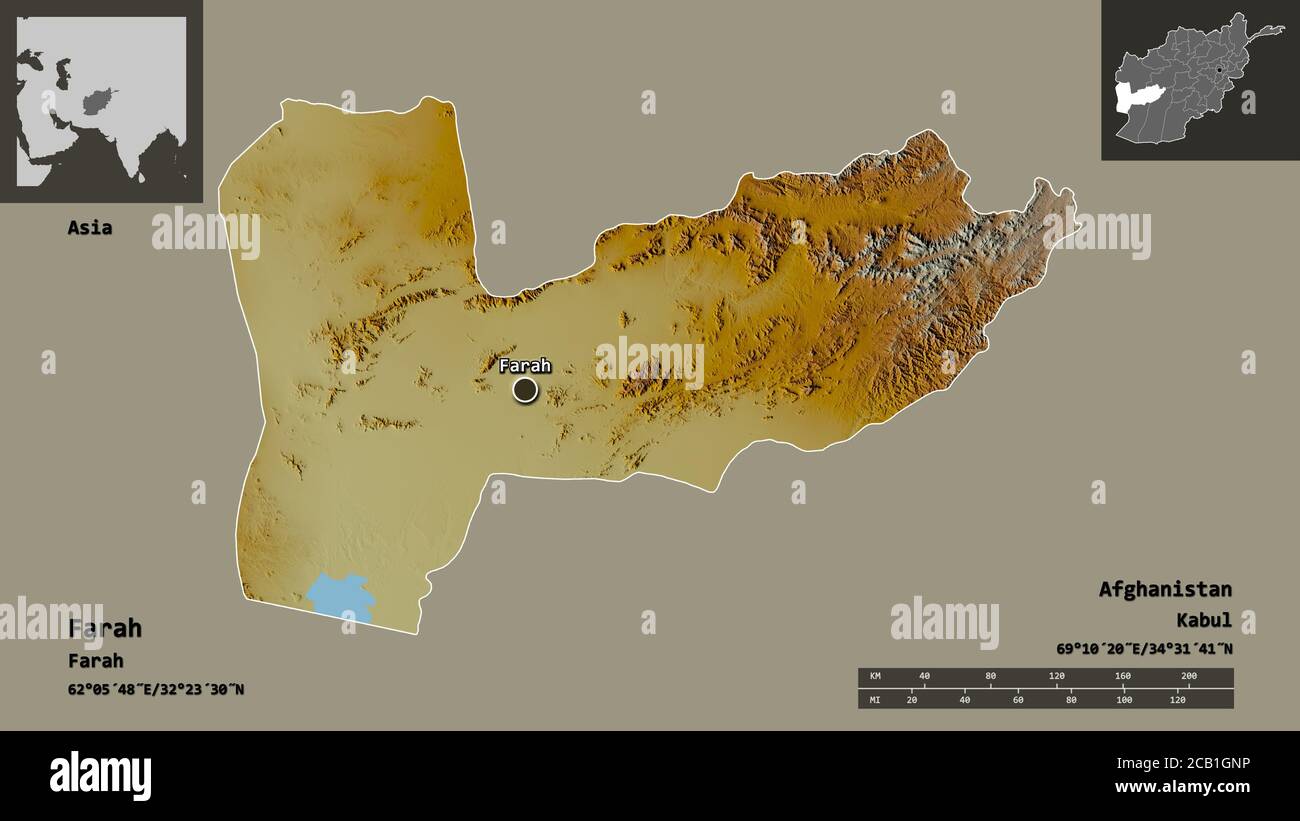 Shape of Farah, province of Afghanistan, and its capital. Distance ...