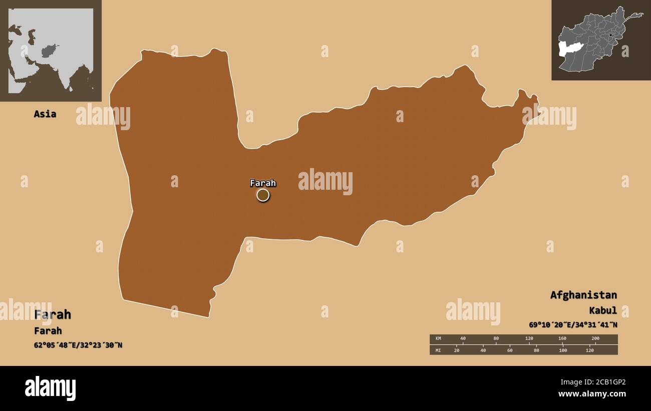 Shape of Farah, province of Afghanistan, and its capital. Distance ...