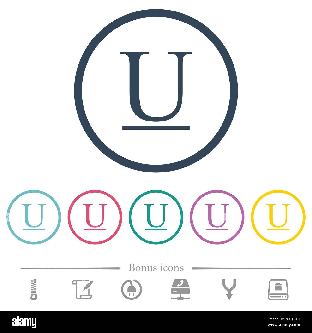 Underlined font type flat color icons in round outlines. 6 bonus icons ...