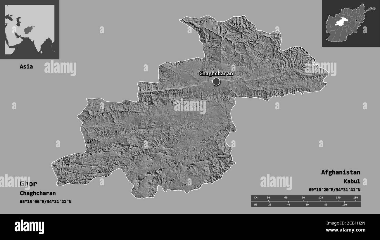 Shape of Ghor, province of Afghanistan, and its capital. Distance scale ...