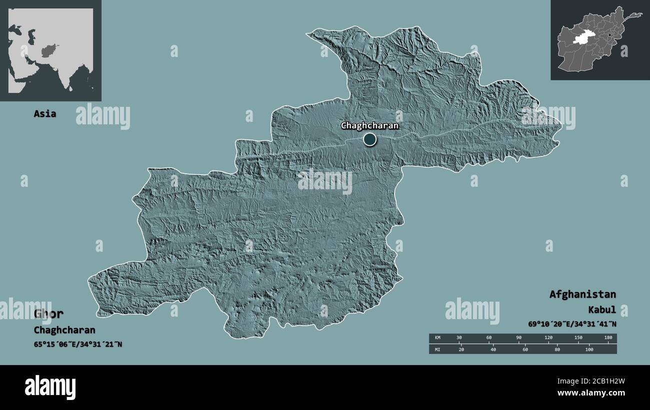 Shape of Ghor, province of Afghanistan, and its capital. Distance scale ...