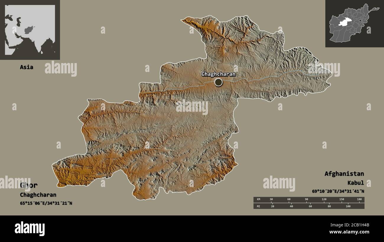 Shape of Ghor, province of Afghanistan, and its capital. Distance scale ...