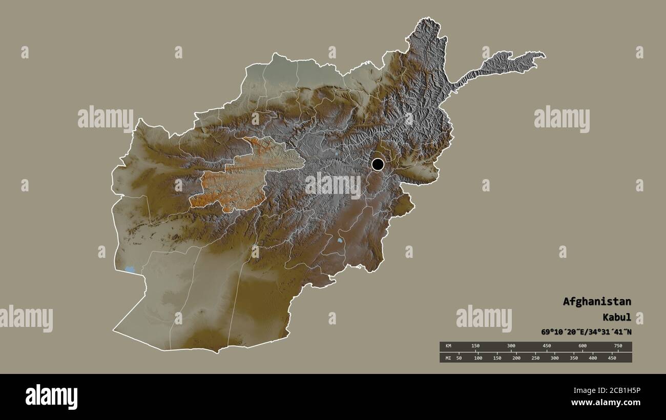 Desaturated shape of Afghanistan with its capital, main regional ...