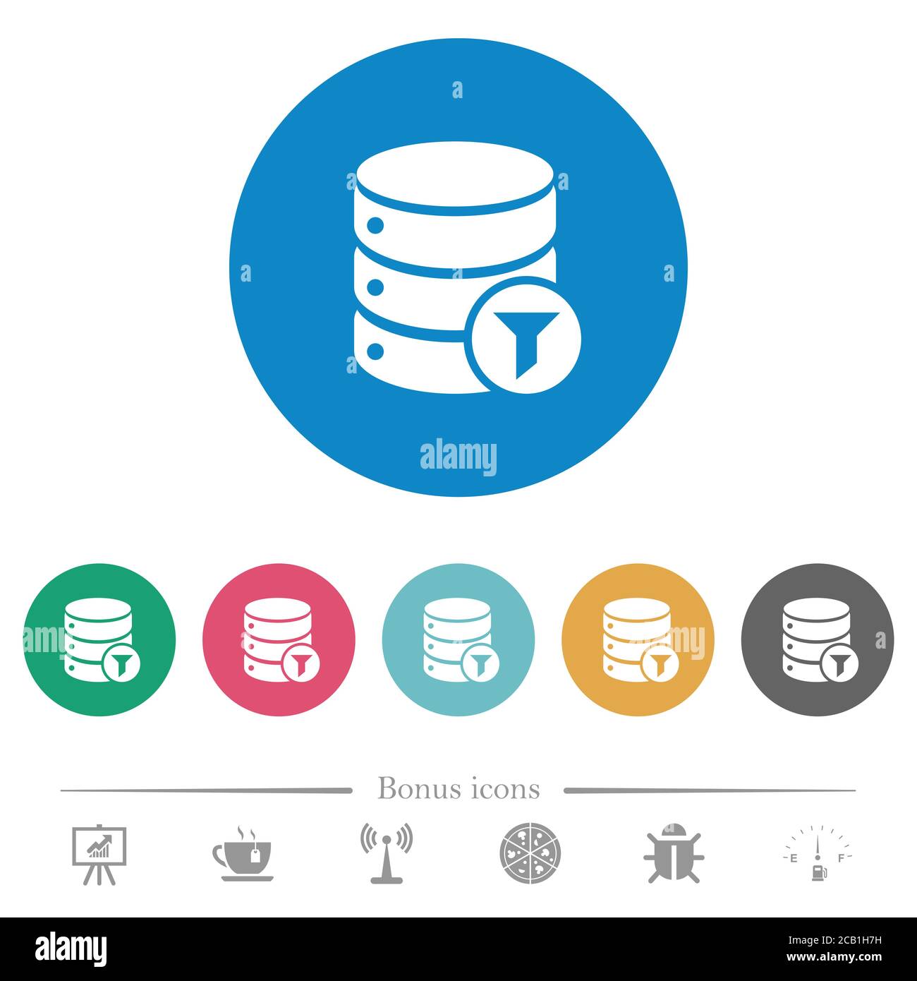 Database filter flat white icons on round color backgrounds. 6 bonus ...