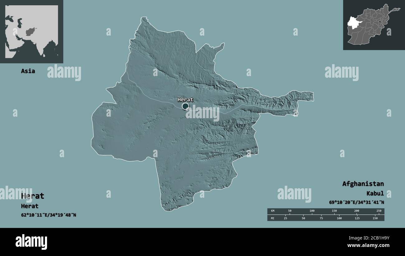 Shape of Herat, province of Afghanistan, and its capital. Distance ...