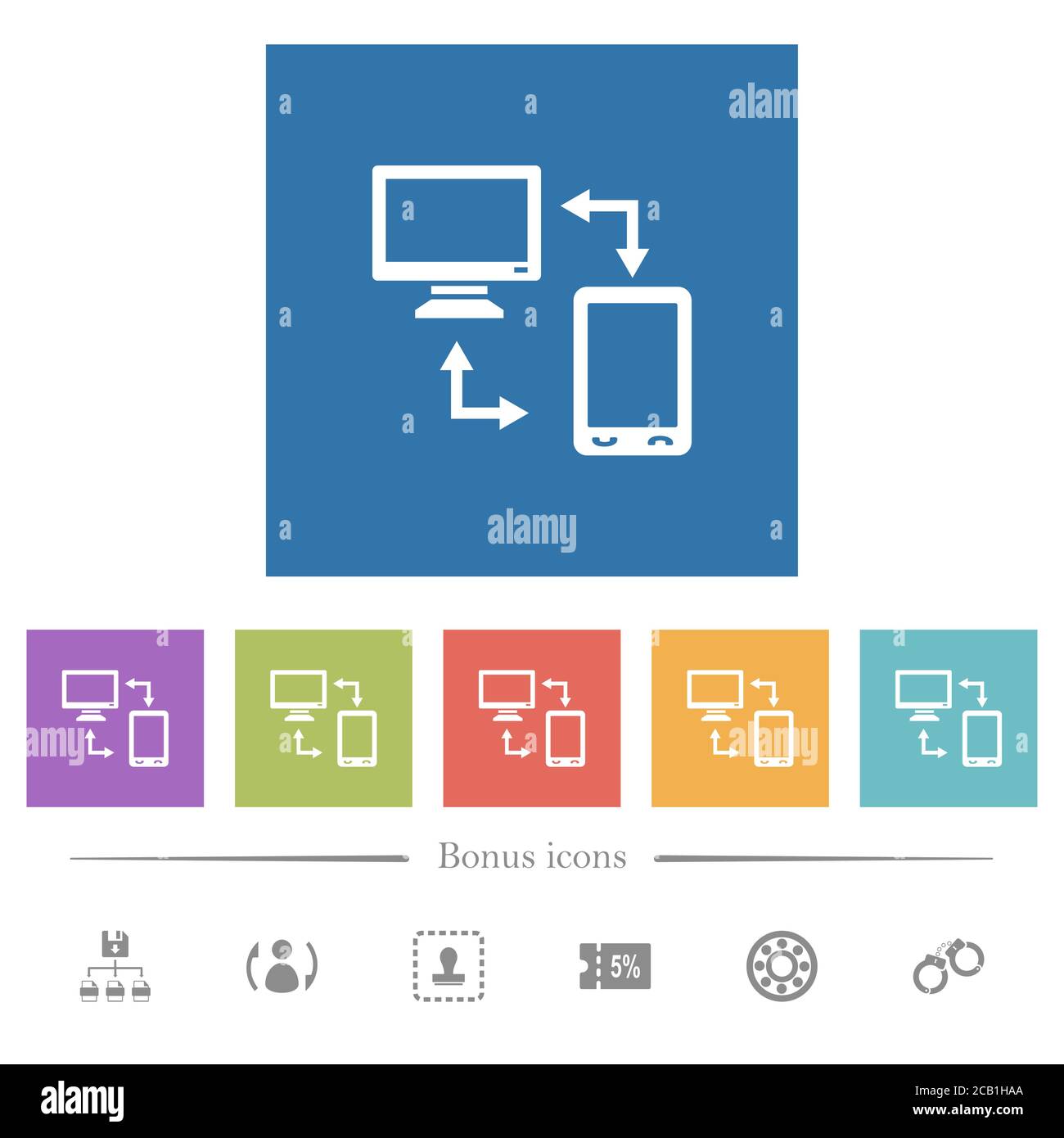 Connecting mobile to desktop flat white icons in square backgrounds. 6 ...