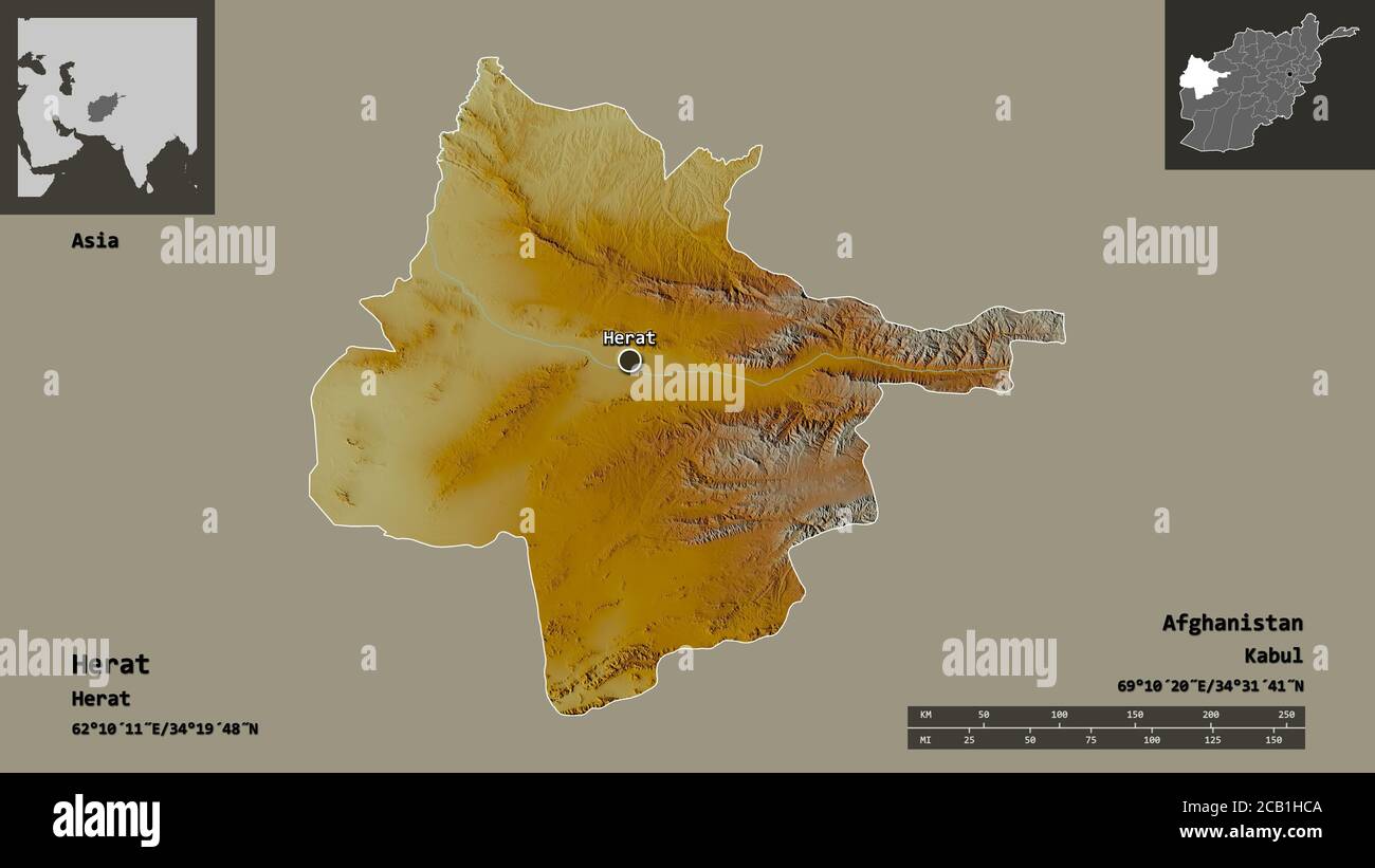 Shape of Herat, province of Afghanistan, and its capital. Distance ...