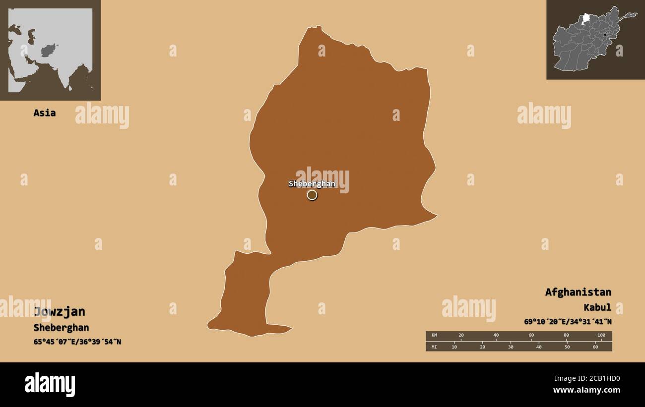 Shape of Jowzjan, province of Afghanistan, and its capital. Distance ...