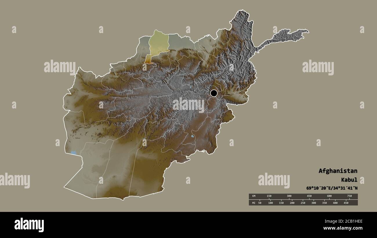 Desaturated shape of Afghanistan with its capital, main regional ...