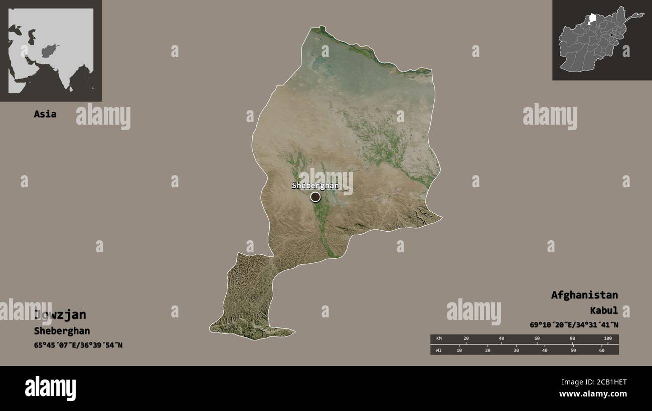 Shape of Jowzjan, province of Afghanistan, and its capital. Distance ...
