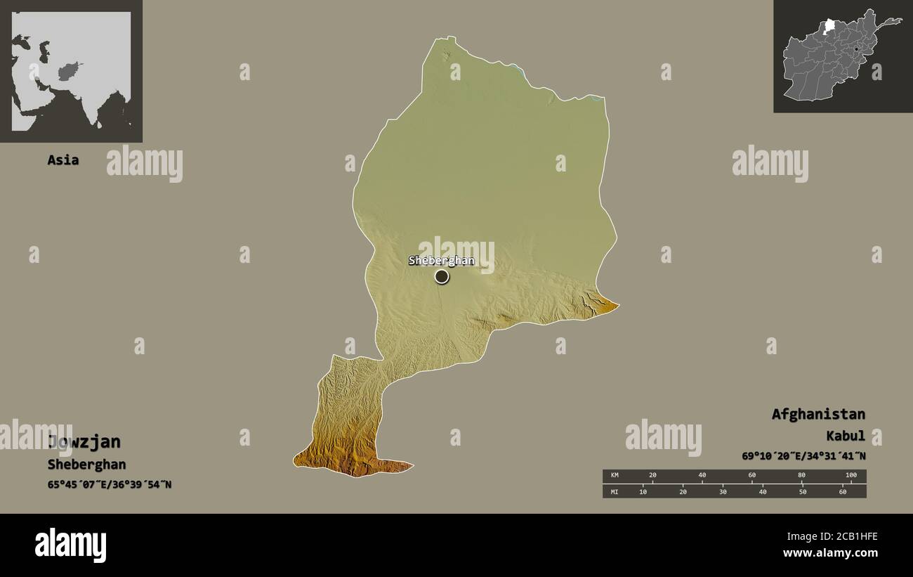 Shape of Jowzjan, province of Afghanistan, and its capital. Distance ...