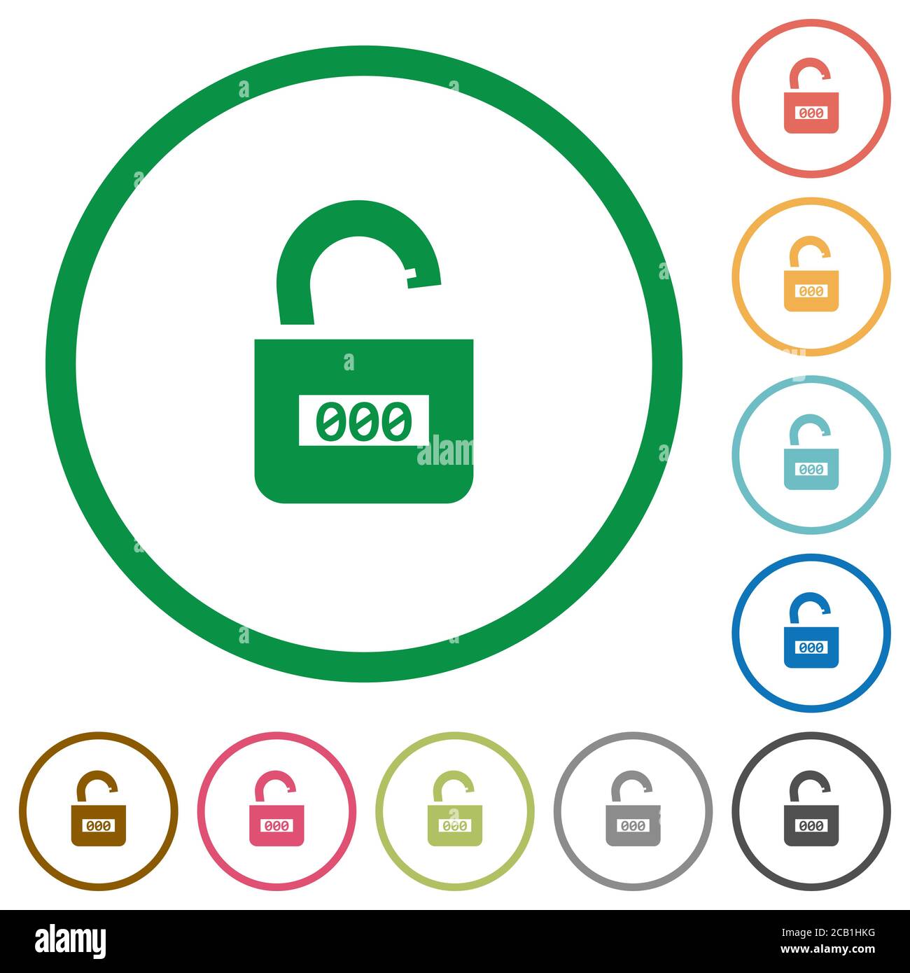 Unlocked combination lock with center numbers flat color icons in round ...