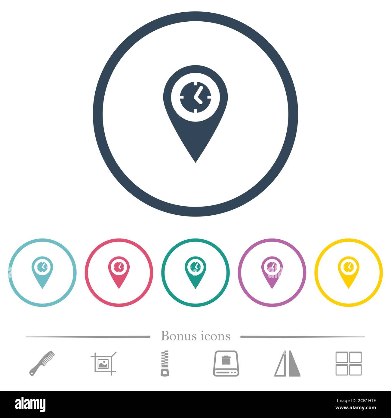 Arrival time GPS map location flat color icons in round outlines. 6 ...