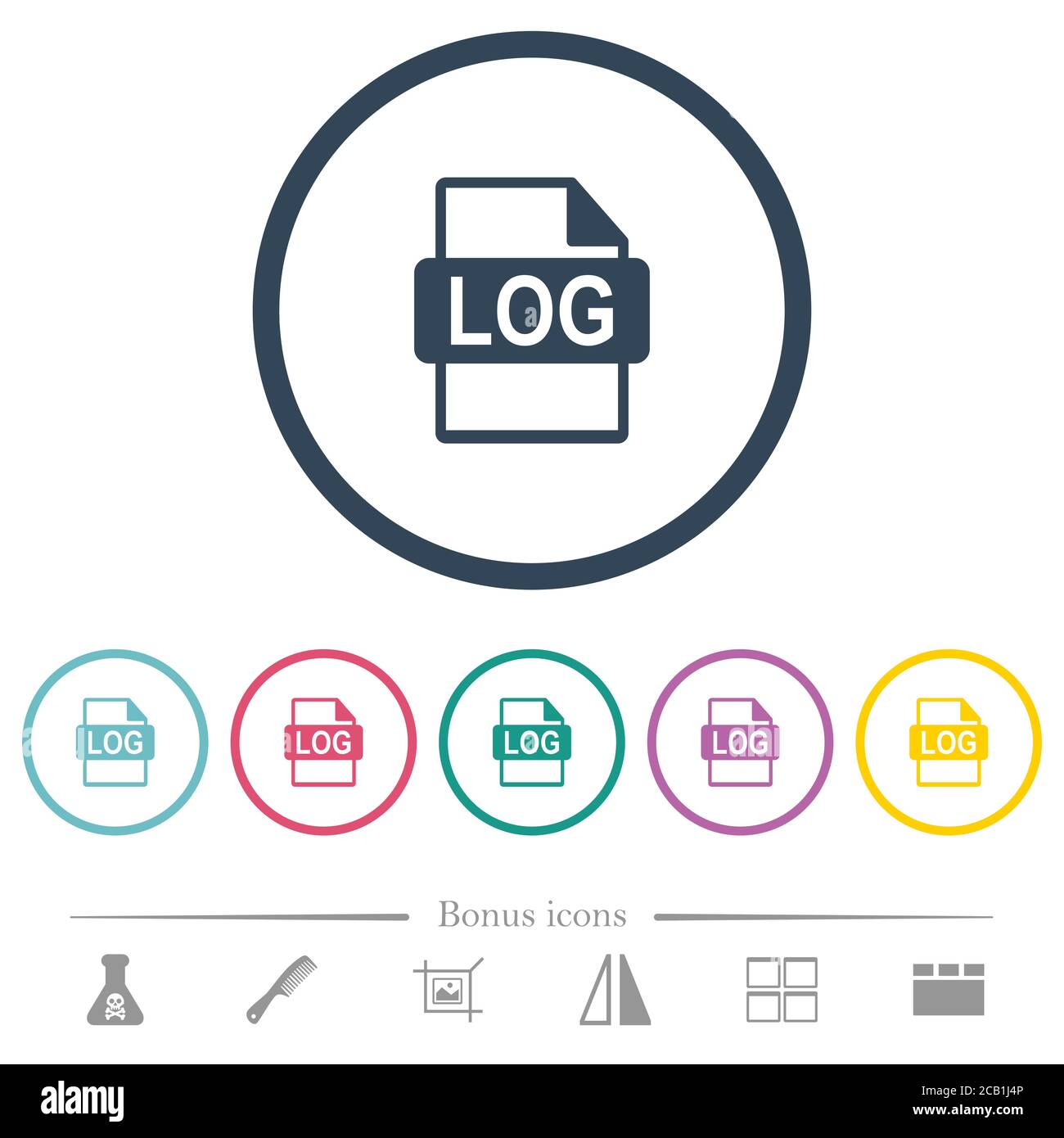 LOG file format flat color icons in round outlines. 6 bonus icons ...