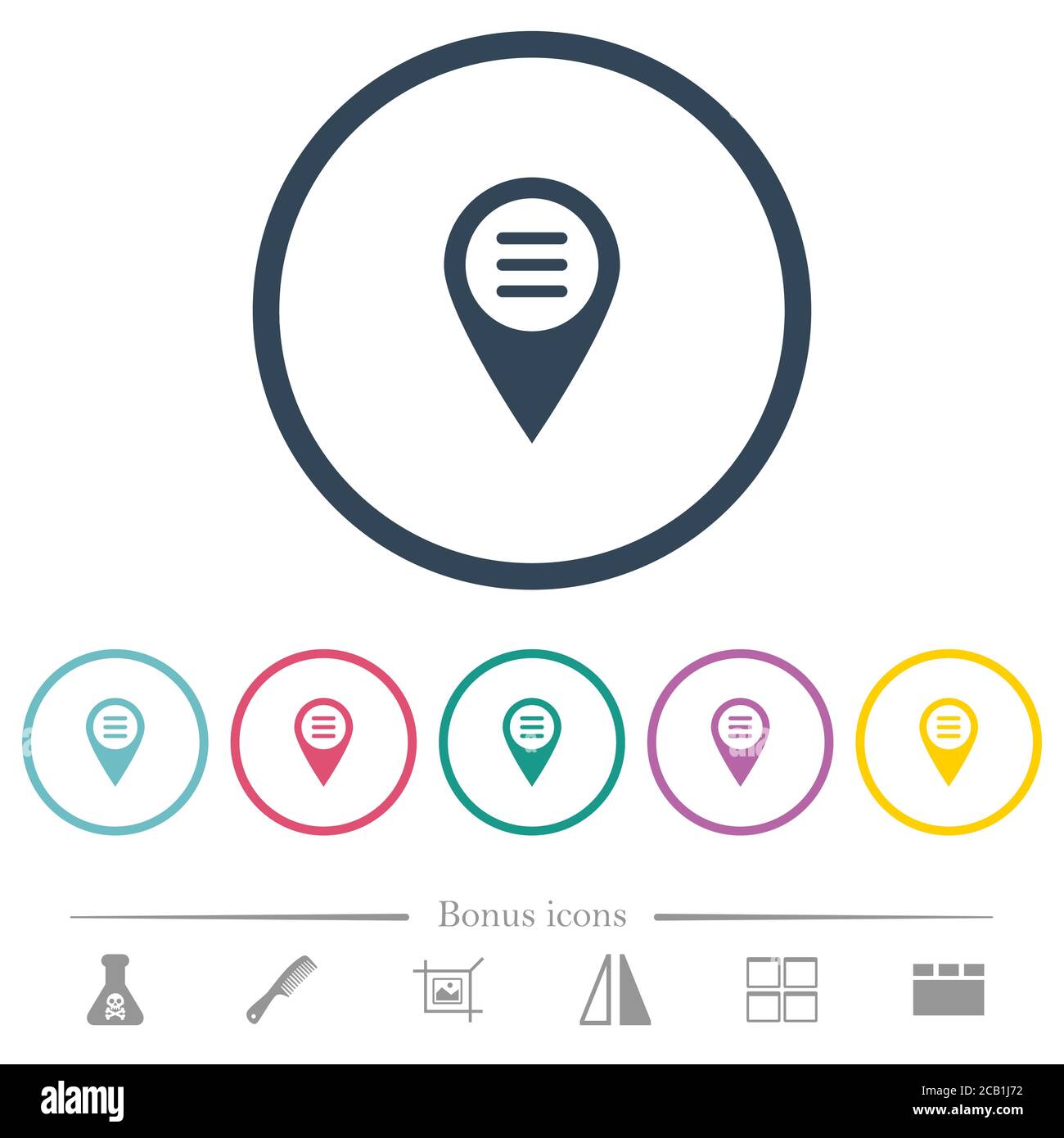 GPS map location options flat color icons in round outlines. 6 bonus ...