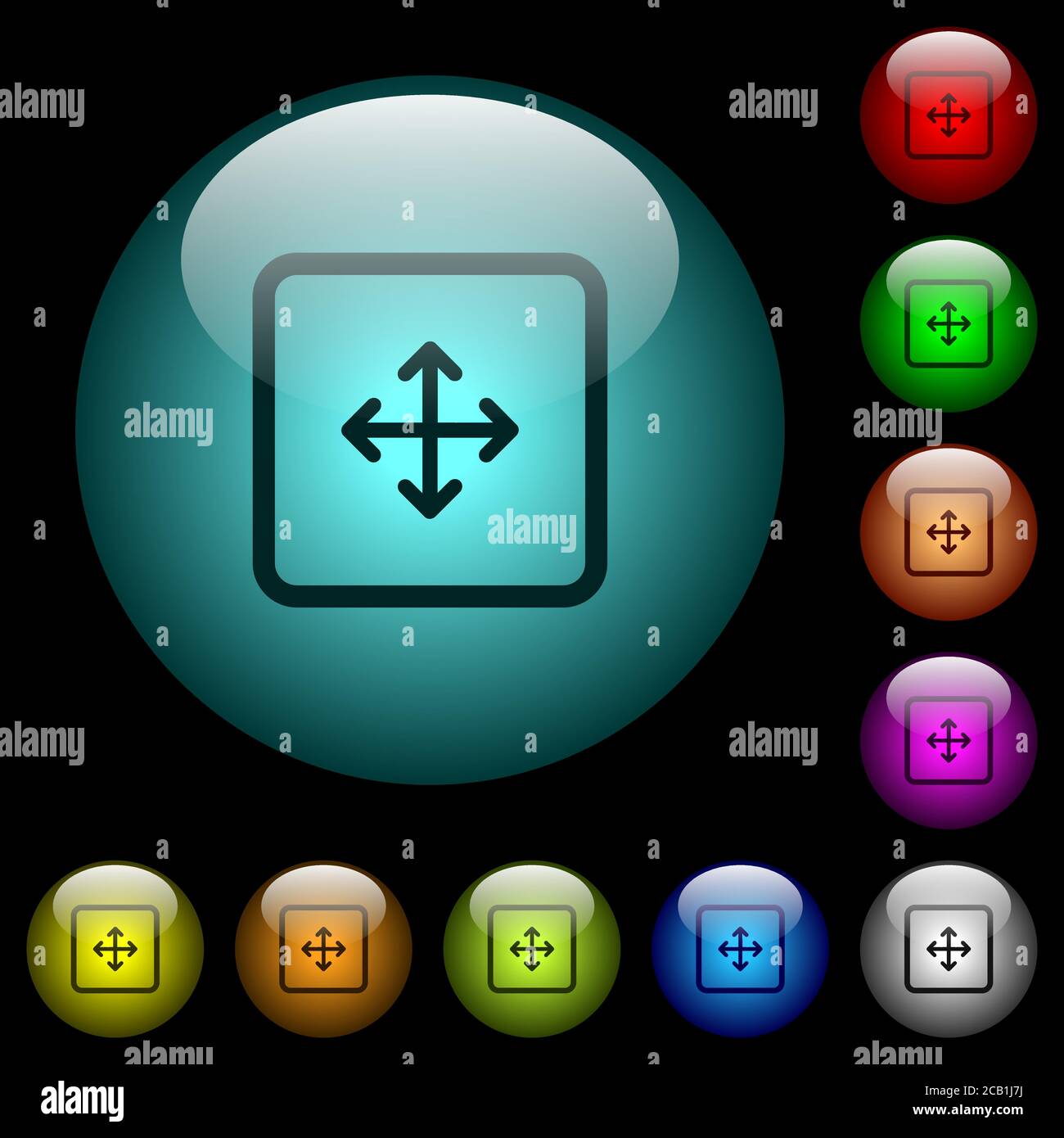 Drag object icons in color illuminated spherical glass buttons on black ...