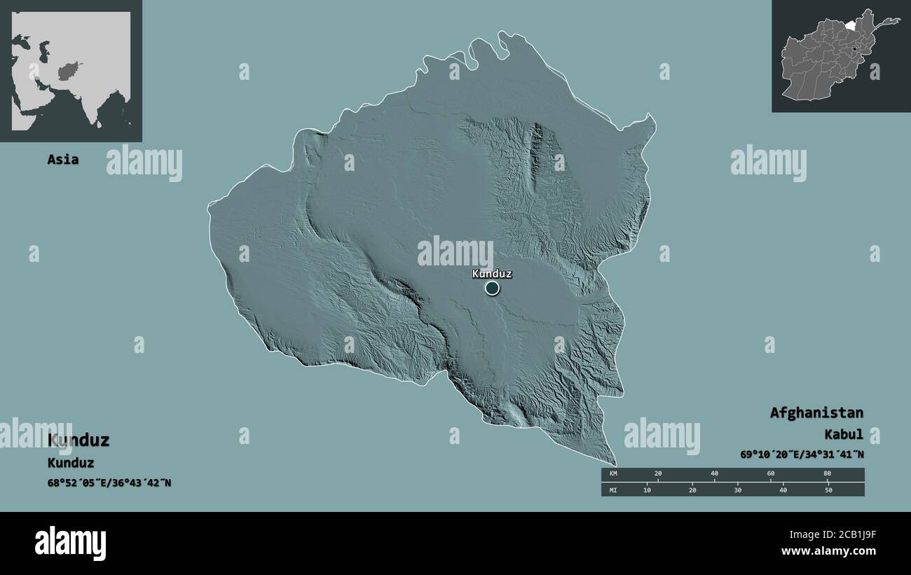 Shape of Kunduz, province of Afghanistan, and its capital. Distance ...
