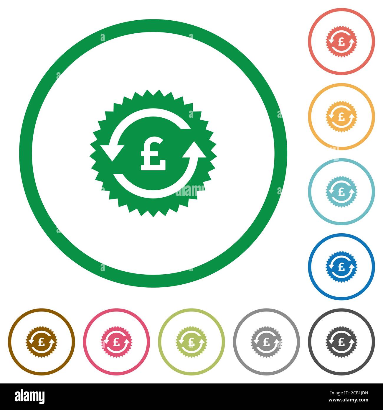 Pound pay back guarantee sticker flat color icons in round outlines on ...