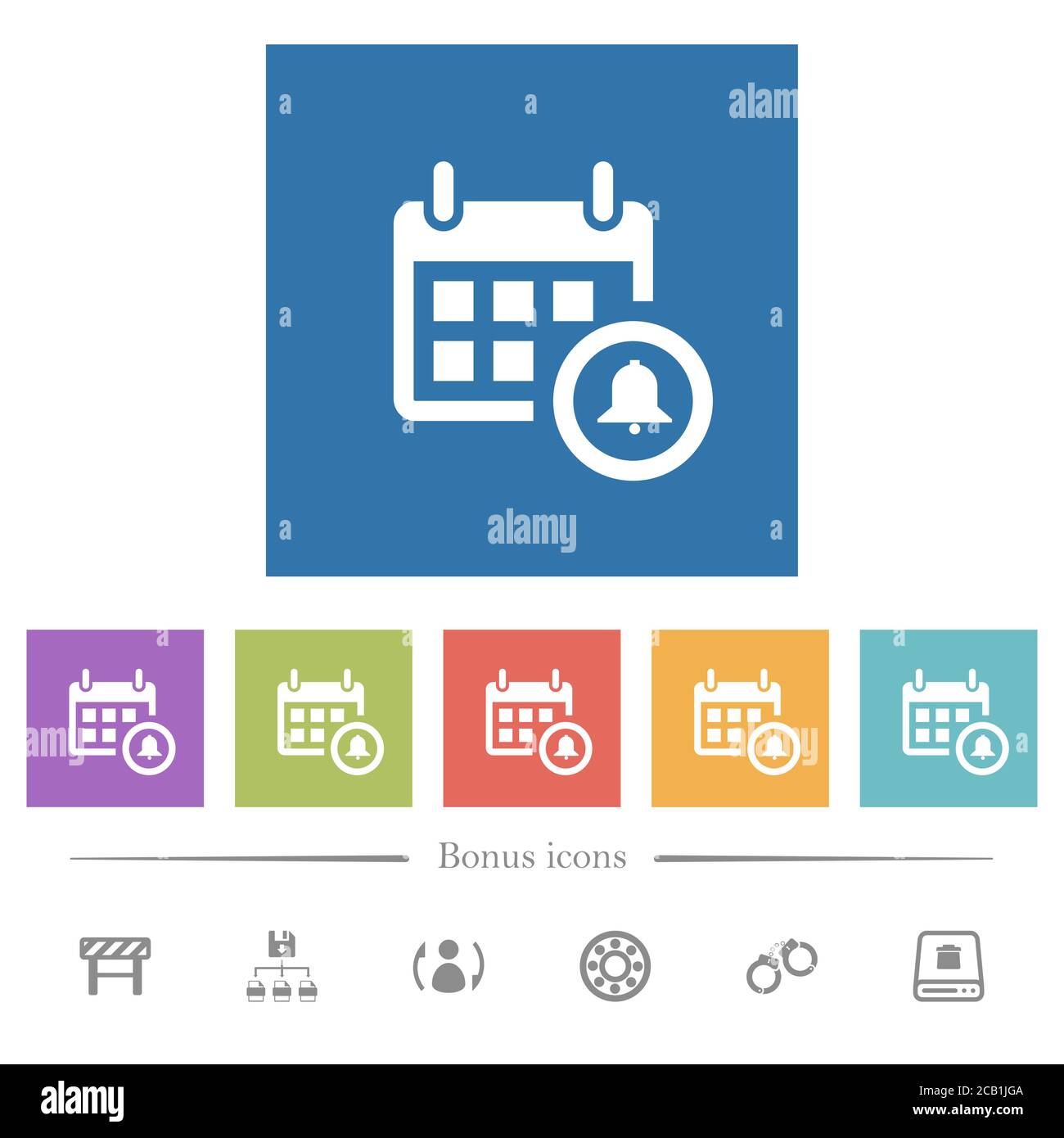 Calendar alarm flat white icons in square backgrounds. 6 bonus icons ...