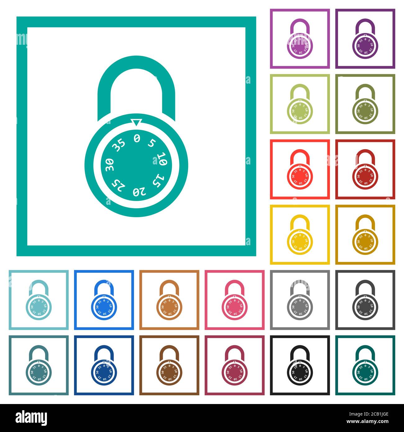 Locked round combination lock flat color icons with quadrant frames on ...