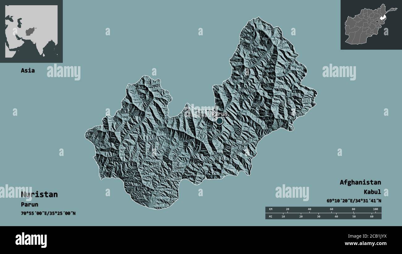 Shape of Nuristan, province of Afghanistan, and its capital. Distance ...