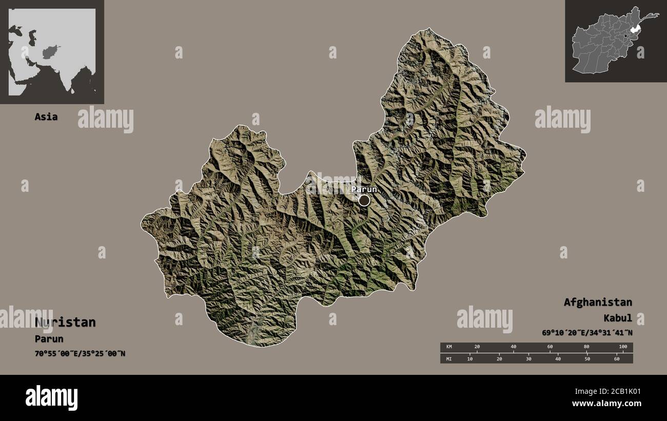 Shape of Nuristan, province of Afghanistan, and its capital. Distance ...