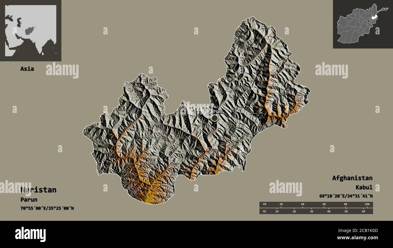 Shape of Nuristan, province of Afghanistan, and its capital. Distance ...