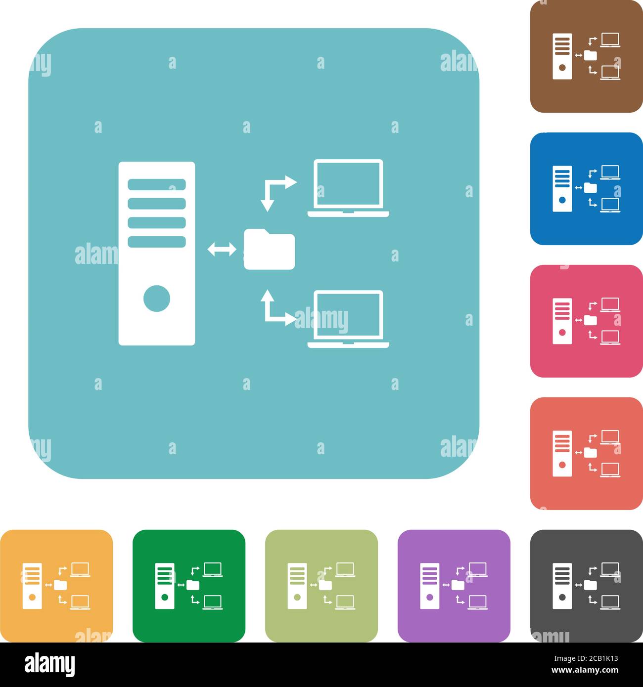 Network file system with server white flat icons on color rounded square backgrounds Stock ...