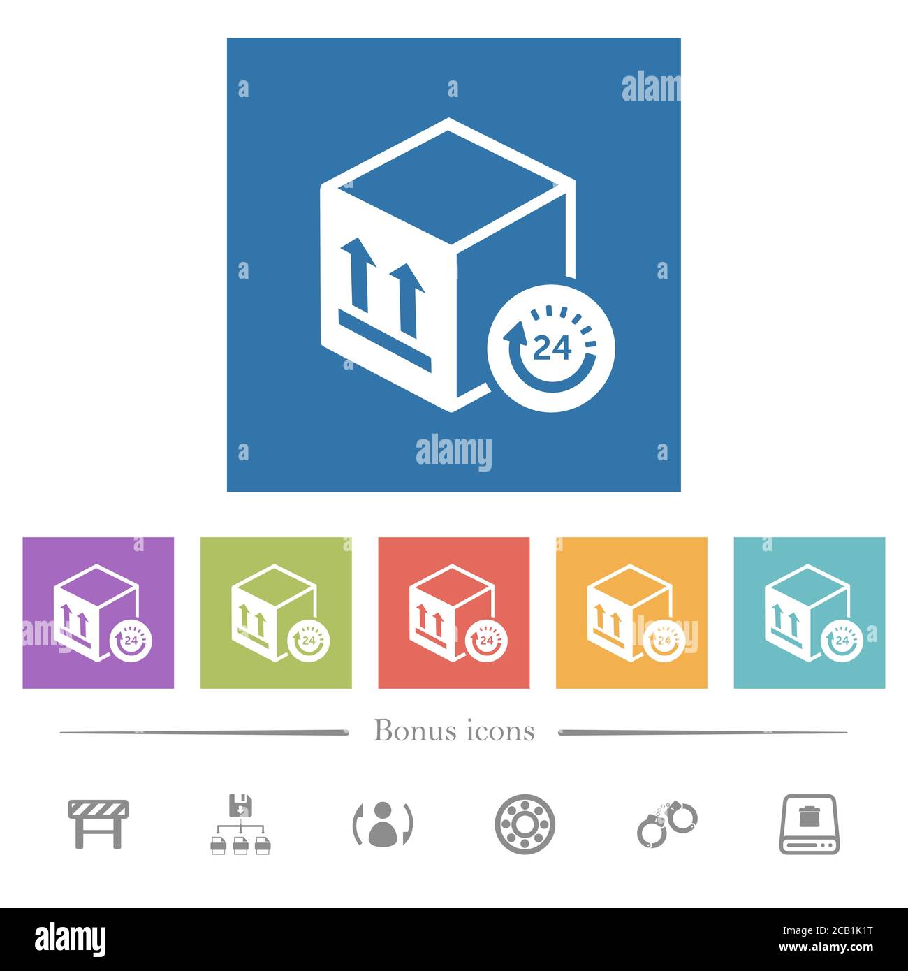 One day package delivery flat white icons in square backgrounds. 6 ...
