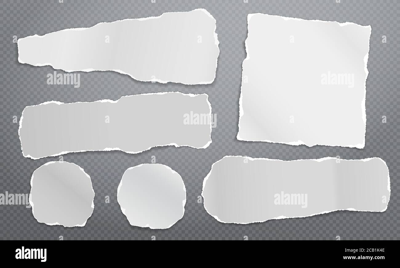 Set of torn white note, notebook blank paper pieces stuck on dark grey ...