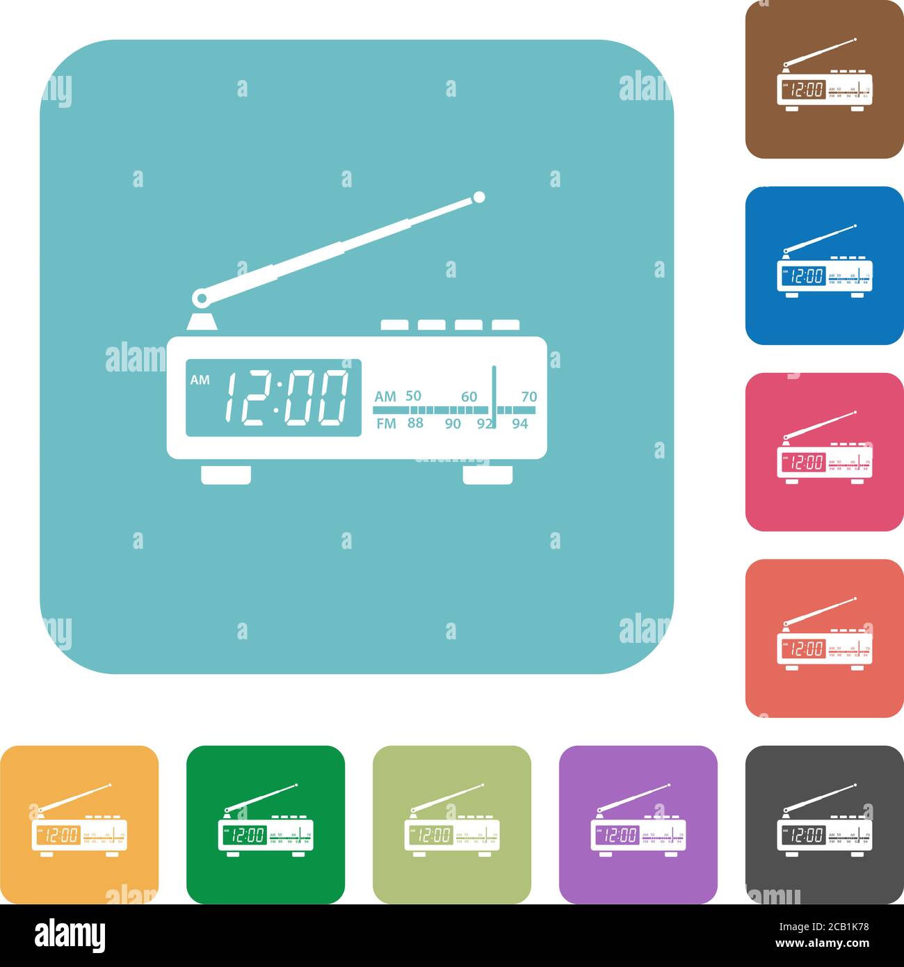 Vintage radio clock white flat icons on color rounded square ...