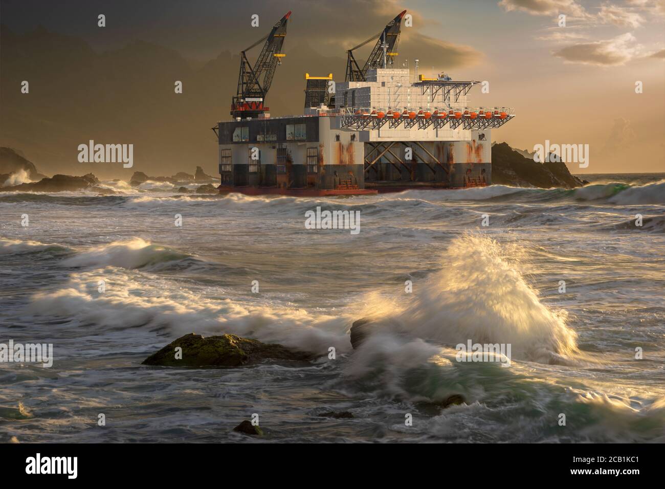 oil platform lifted by storm on rocky coast - threatened by strong ...
